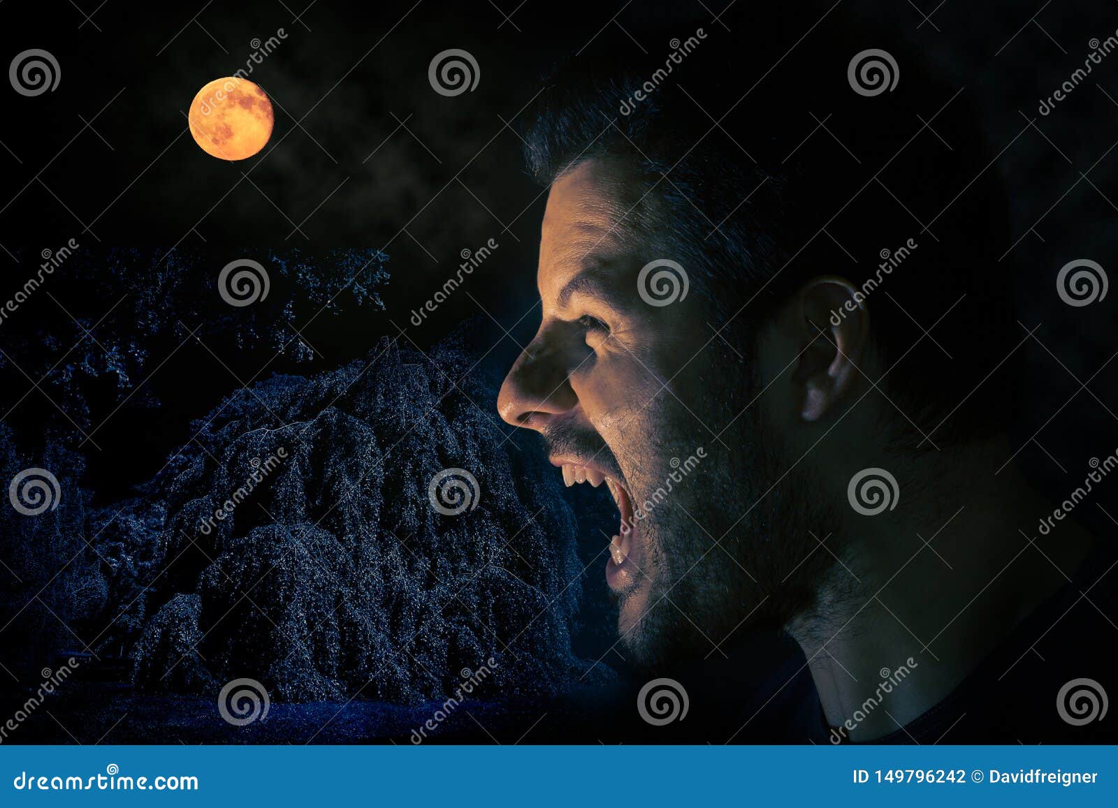 Screaming Man before the Full Moon in a Scary Halloween Night Scene ...