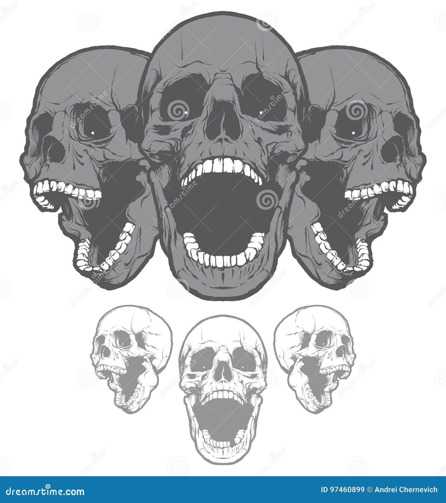 Set Of Skulls Isolated On White Background. Cartoon Human Skull With ...