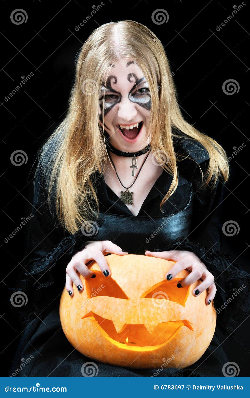 Screaming Vampire Girl with a Halloween Pumpkin Stock Image - Image of ...