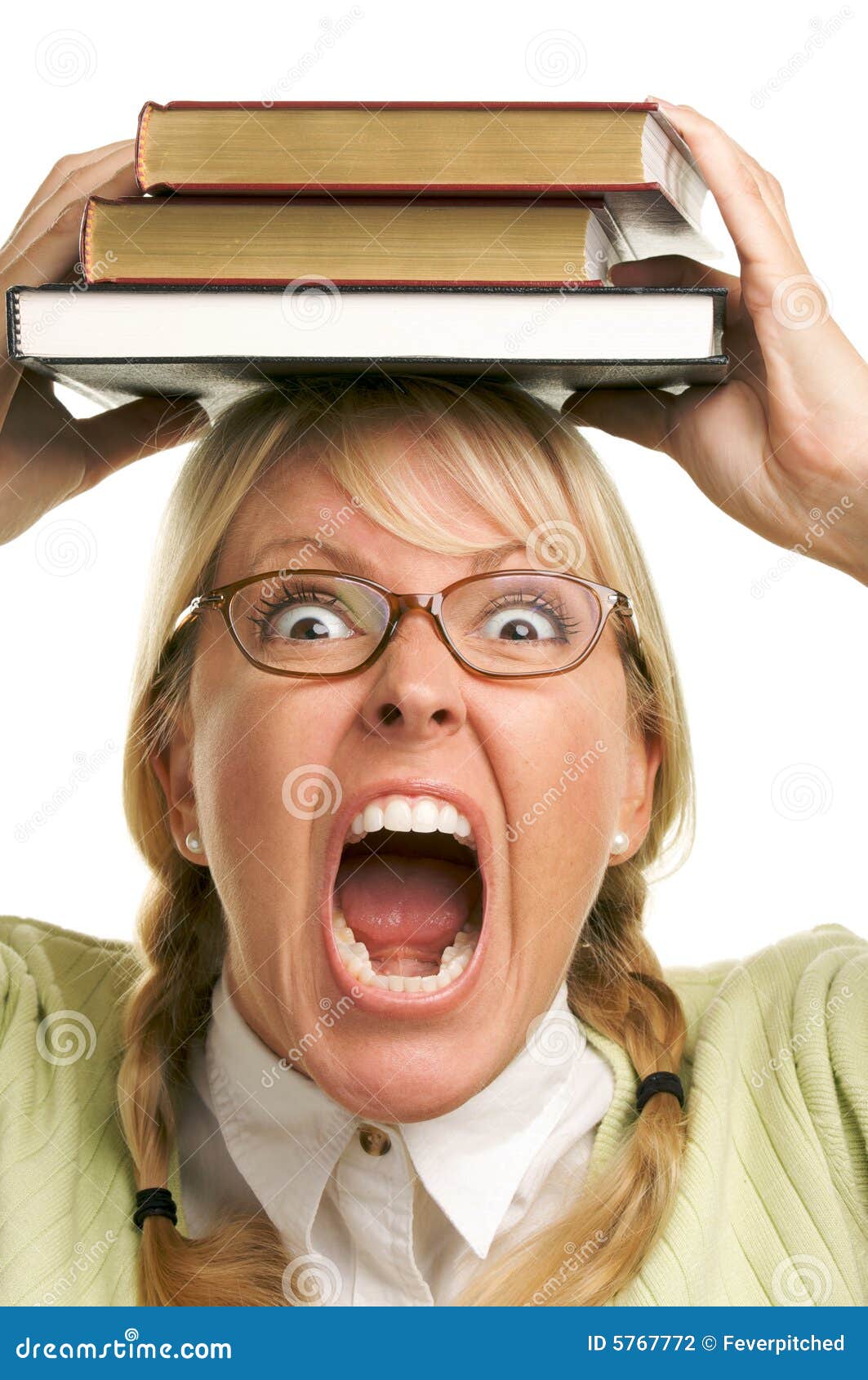 Screaming Woman Under Stack of Books on Head Stock Photo - Image of ...