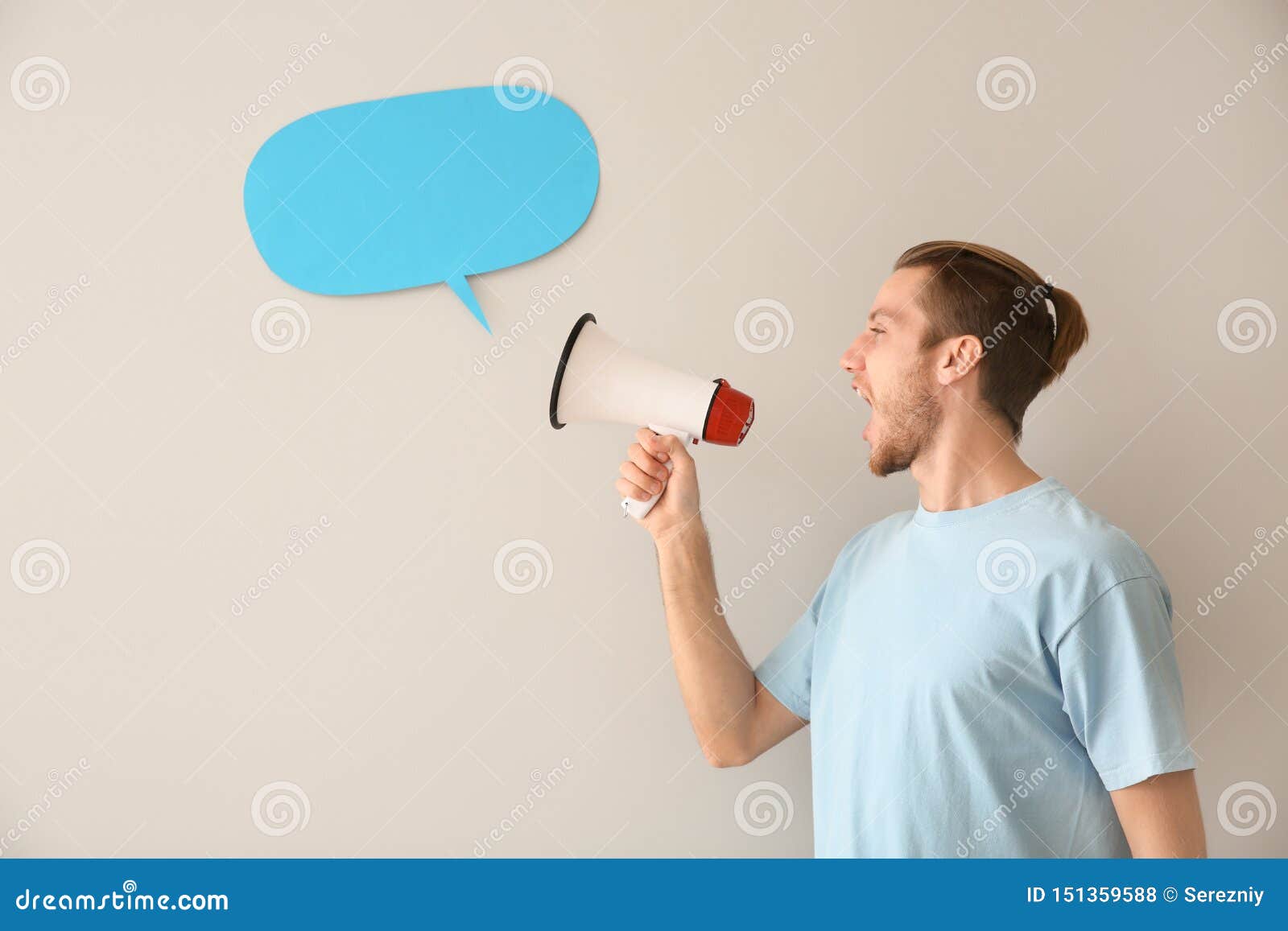 Screaming Young Man with Megaphone and Blank Speech Bubble on Light ... Screaming Young Man with Megaphone and Blank Speech Bubble on Light ...