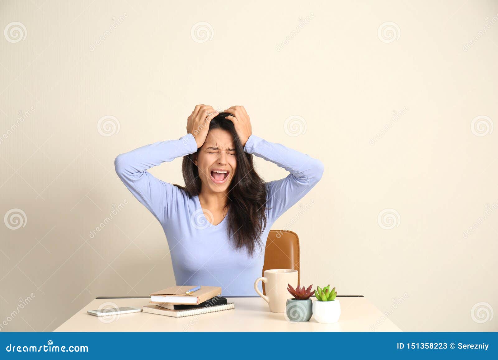 Screaming Young Woman Sitting at Table in Office Stock Image - Image of ...