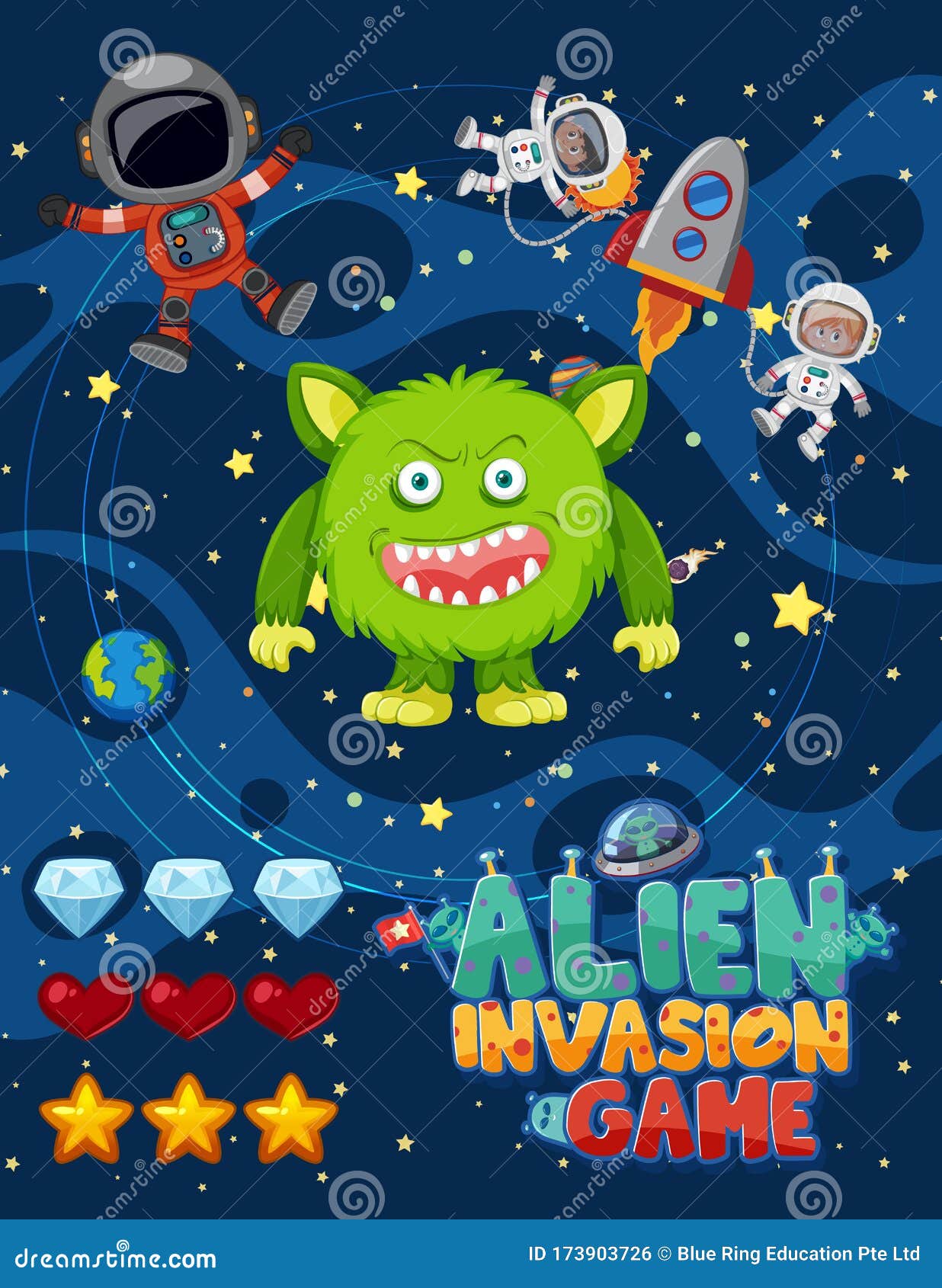 Screen Design for Game Template with Alien and Astronaut in Space Stock ...