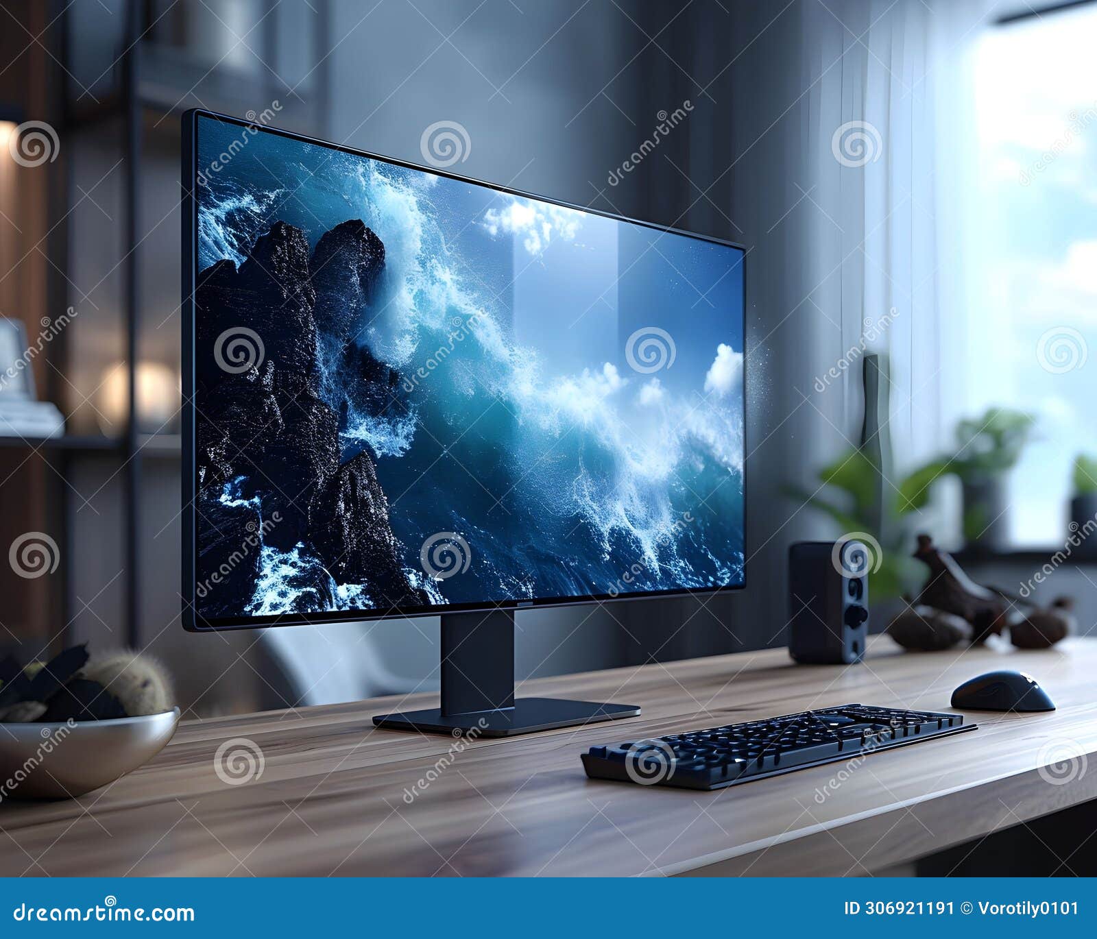 Screen Desktop Computer in Minimal Office Room. Modern Office Interior ...