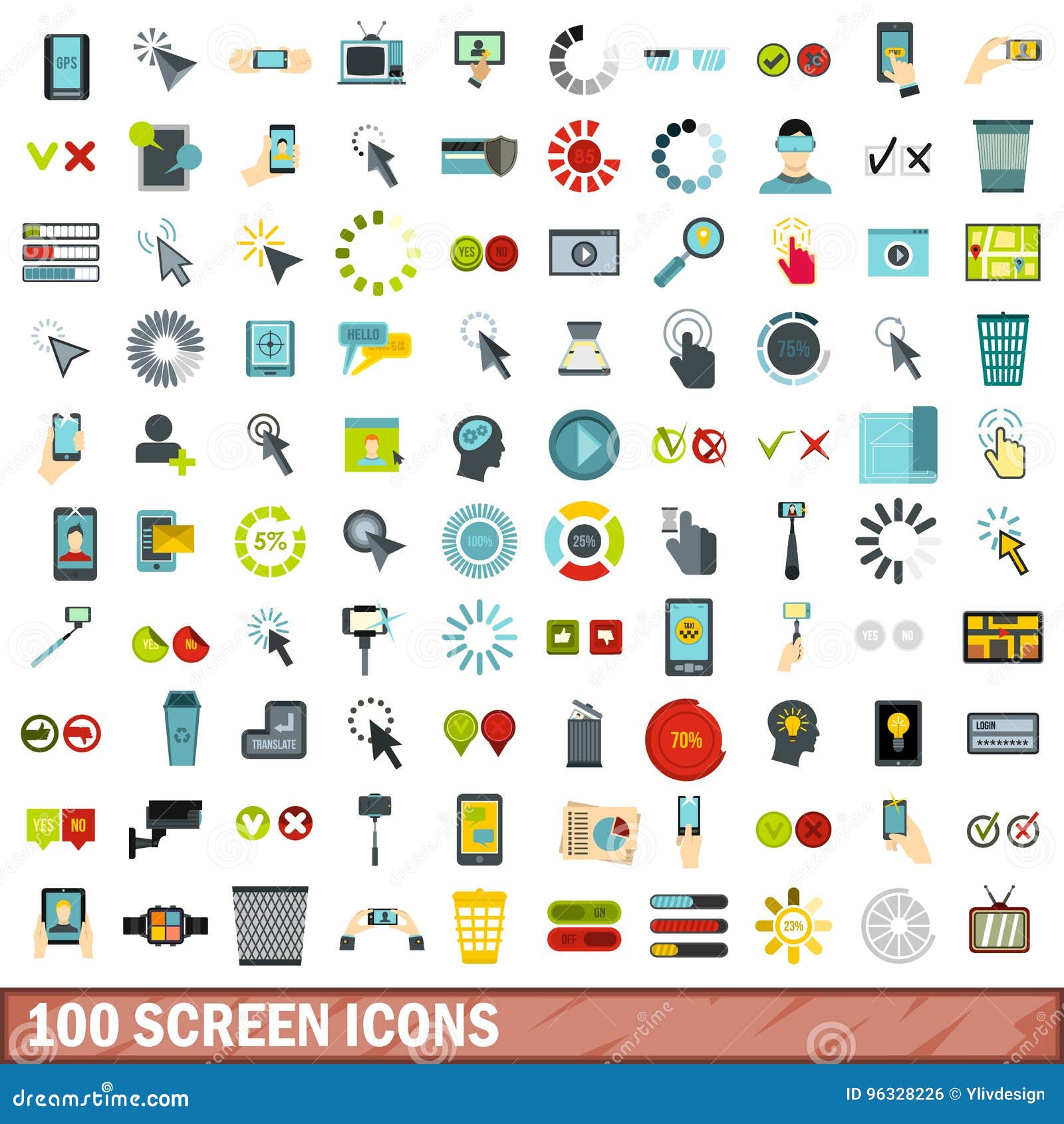 100 Screen Icons Set, Flat Style Stock Vector - Illustration of ...