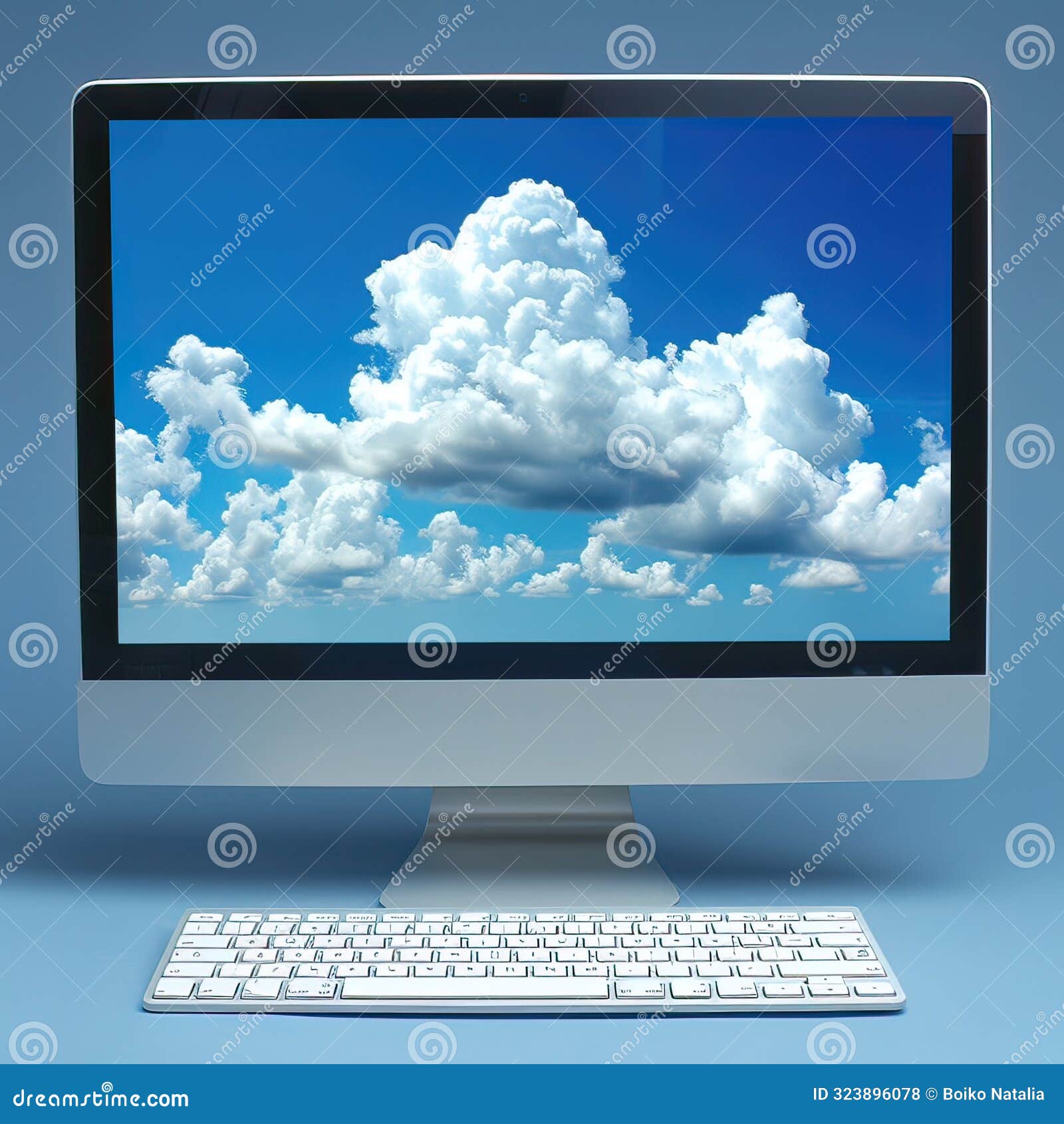 The Computer Display Shows a Blue Sky with Clouds on the Screen Stock ...