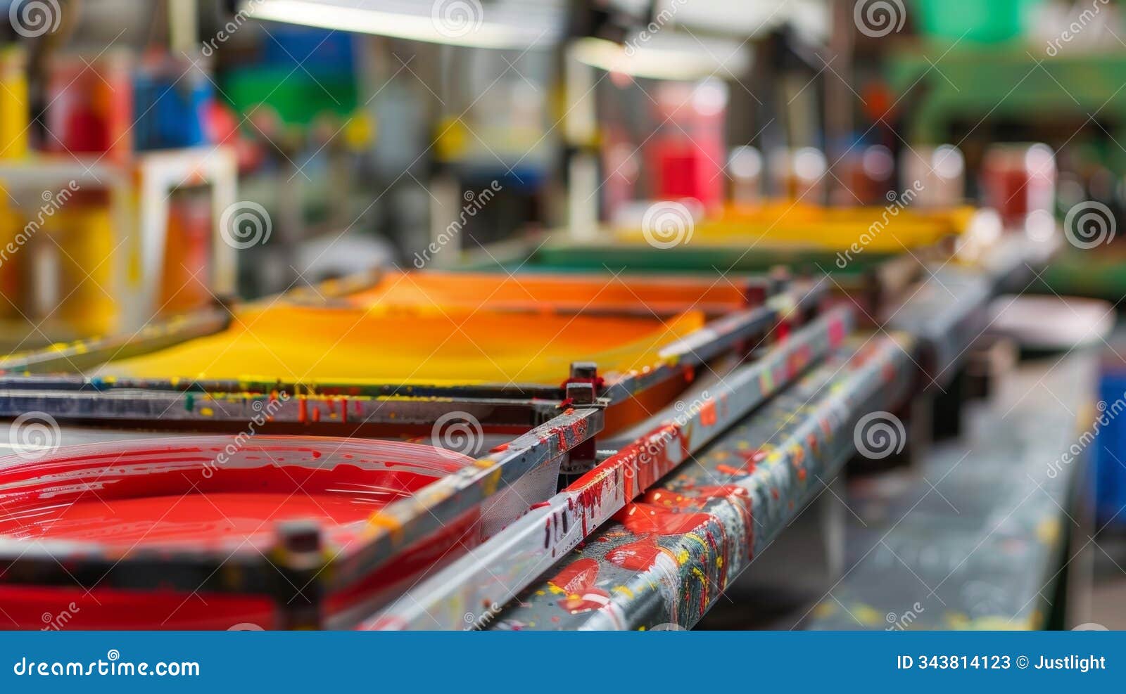 The Screen Printing Station with Frames Screens and Various Inks for ...