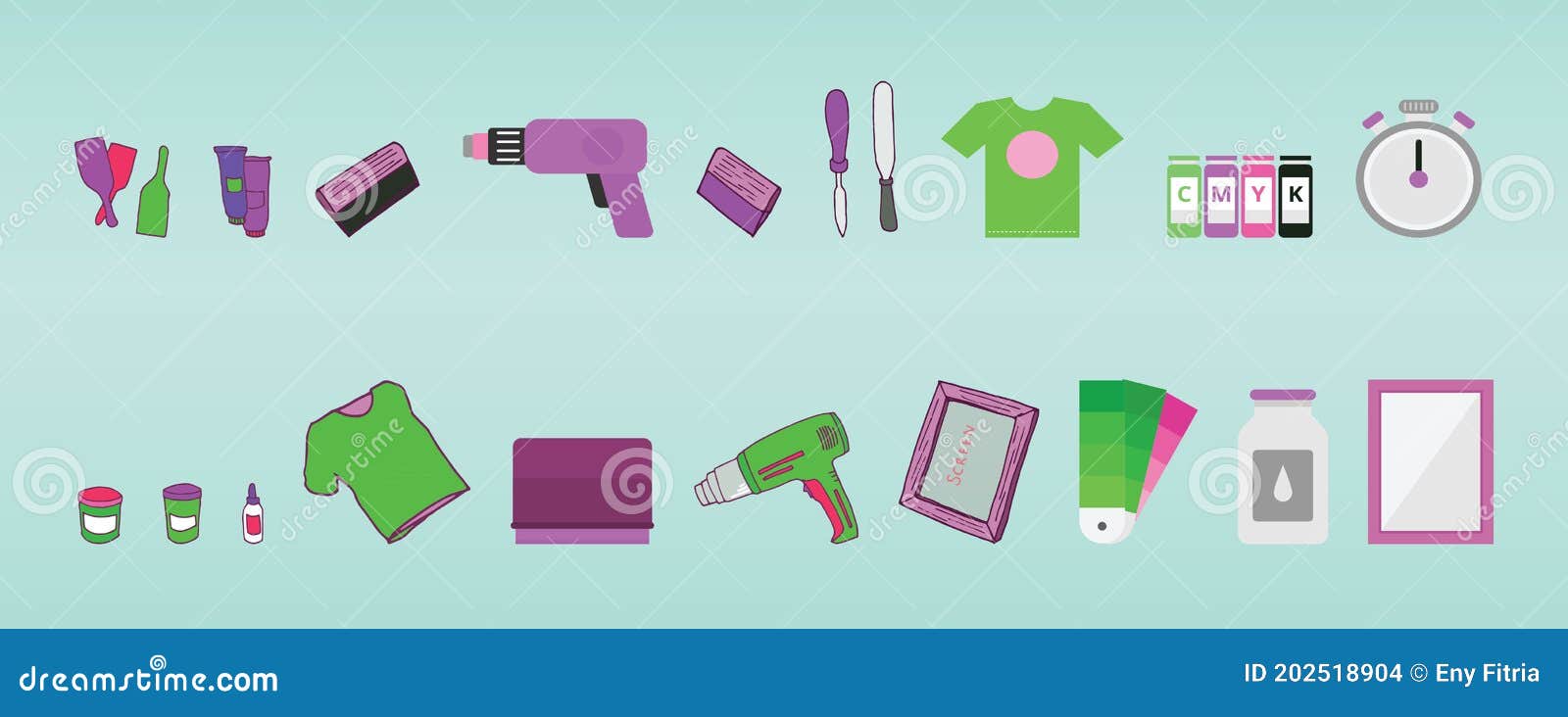 Screen Printing Tools. Cartoon Icon Design Template with Various Models ...