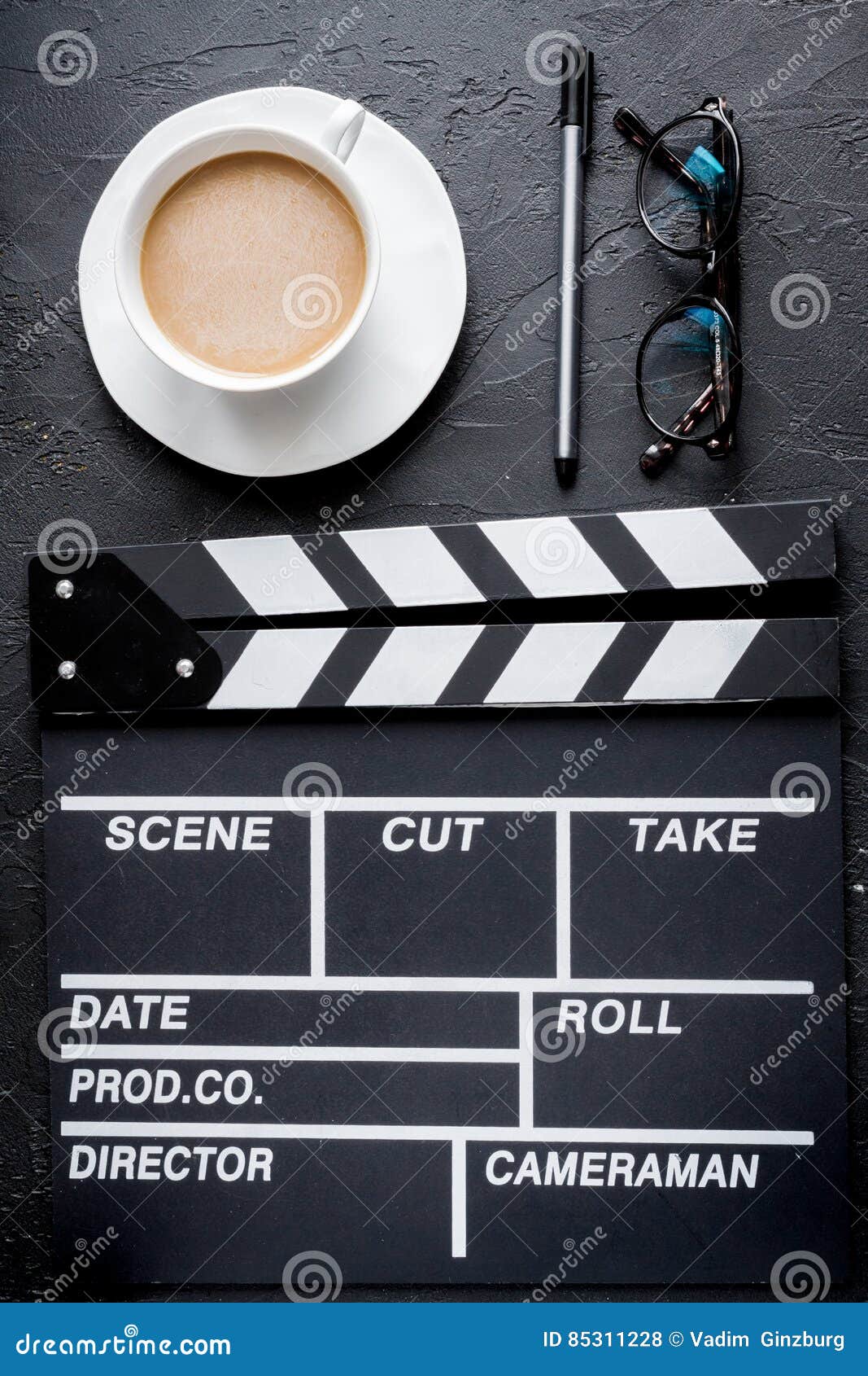 Screenwriter Desktop with Movie Clapper Board Dark Background Top View ...