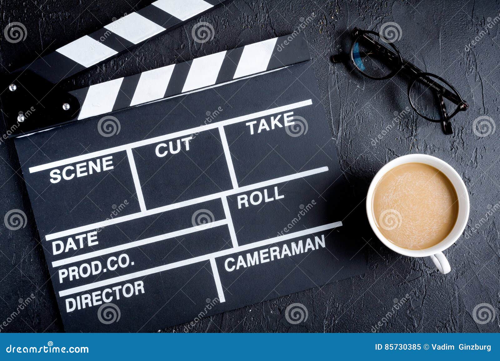 Screenwriter Desktop with Movie Clapper Board Dark Background Top View ...