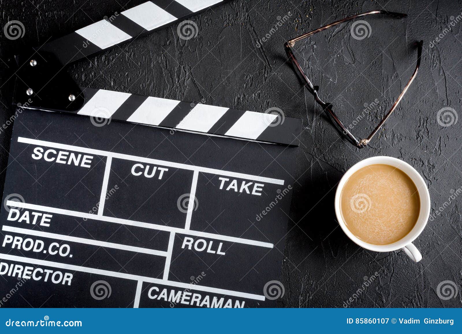 Screenwriter Desktop with Movie Clapper Board Dark Background Top View ...