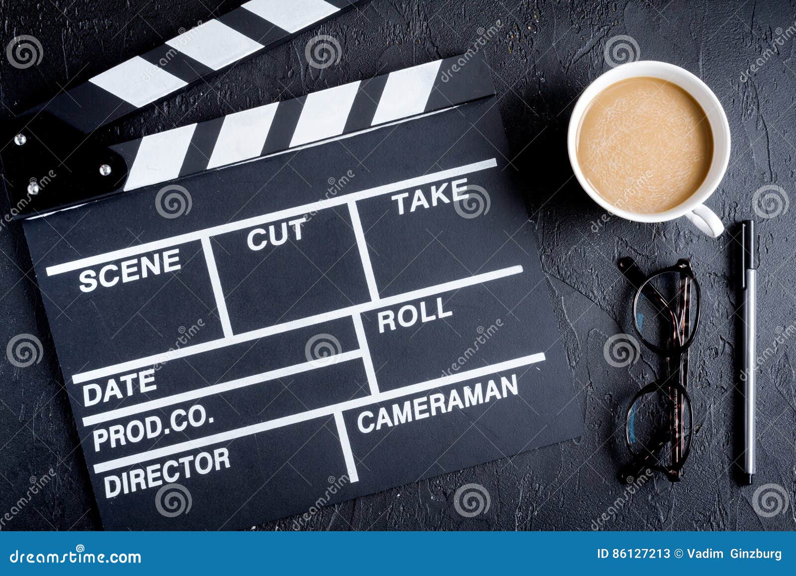 Screenwriter Desktop with Movie Clapper Board Dark Background Top View ...