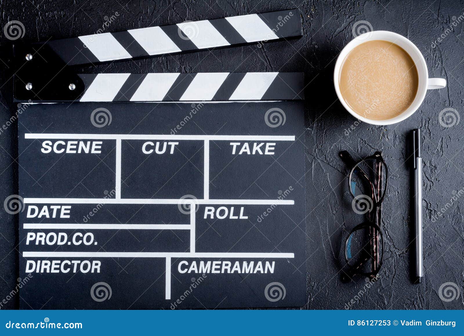 Screenwriter Desktop with Movie Clapper Board Dark Background Top View ...