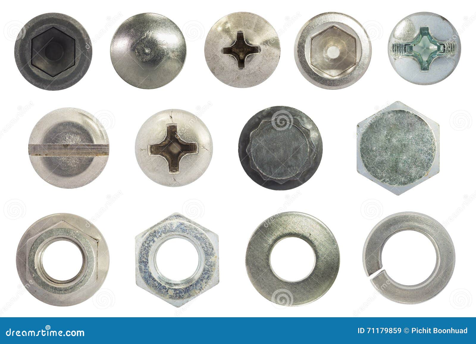 Screw, Bolt, Stud, Nut, Washer and Spring Washer Isolate on White Stock ...