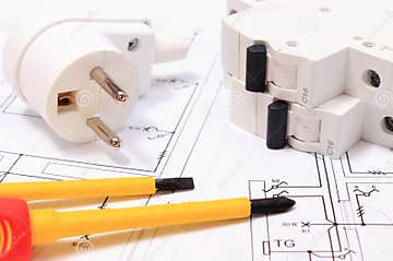 Screwdriver, Electric Plug and Fuse on Construction Drawing Stock Photo ...