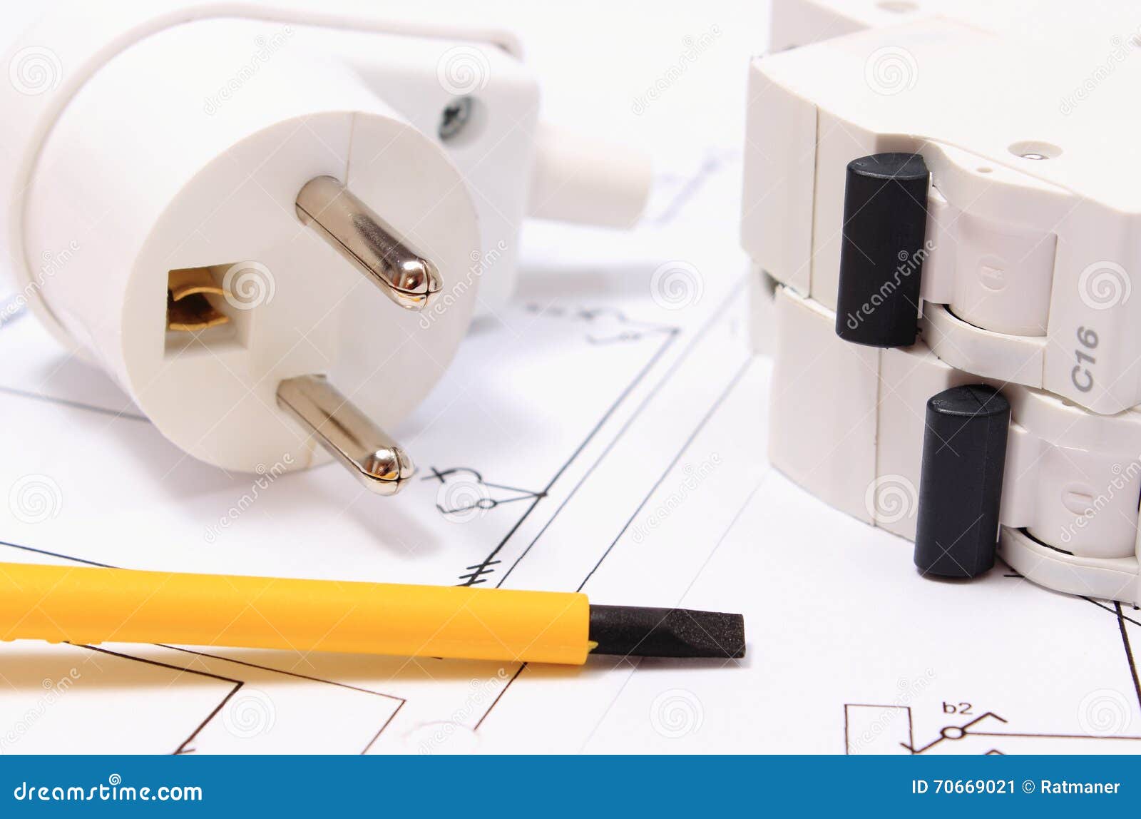 Screwdriver, Electric Plug and Fuse on Construction Drawing Stock Image ...