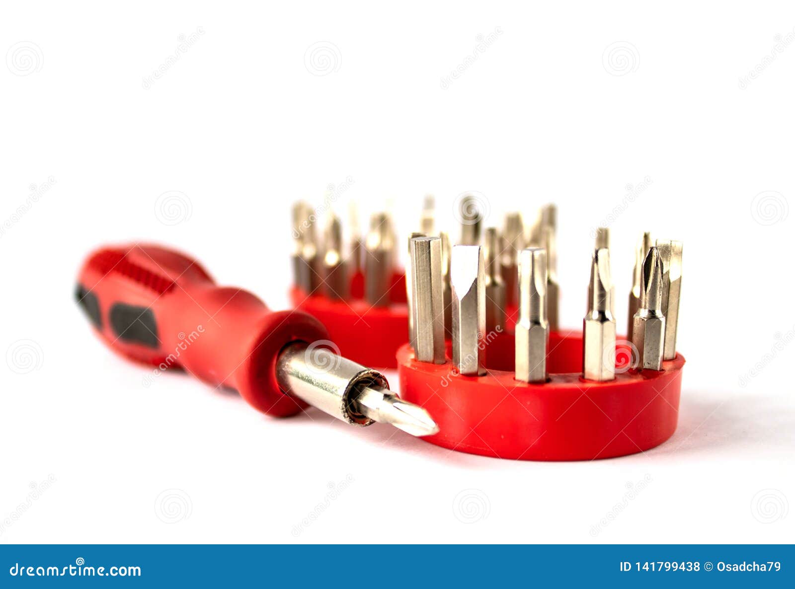 Screwdriver with a Red Handle and a Set of Bits on a White Background ...