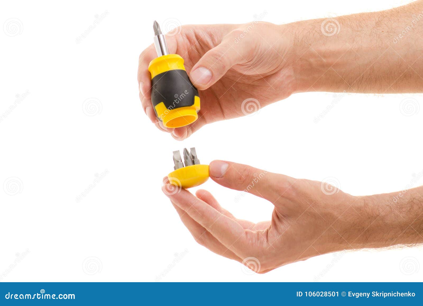 Screwdriver in hand stock image. Image of metal, build - 106028501