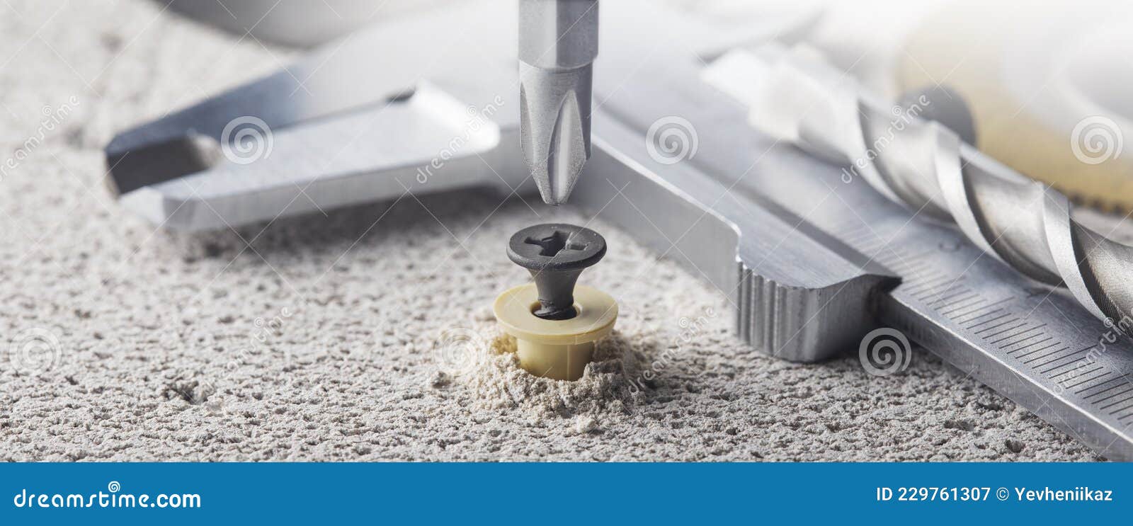 Screwdriver and Dowel in a Concrete Wall Background Stock Image - Image ...