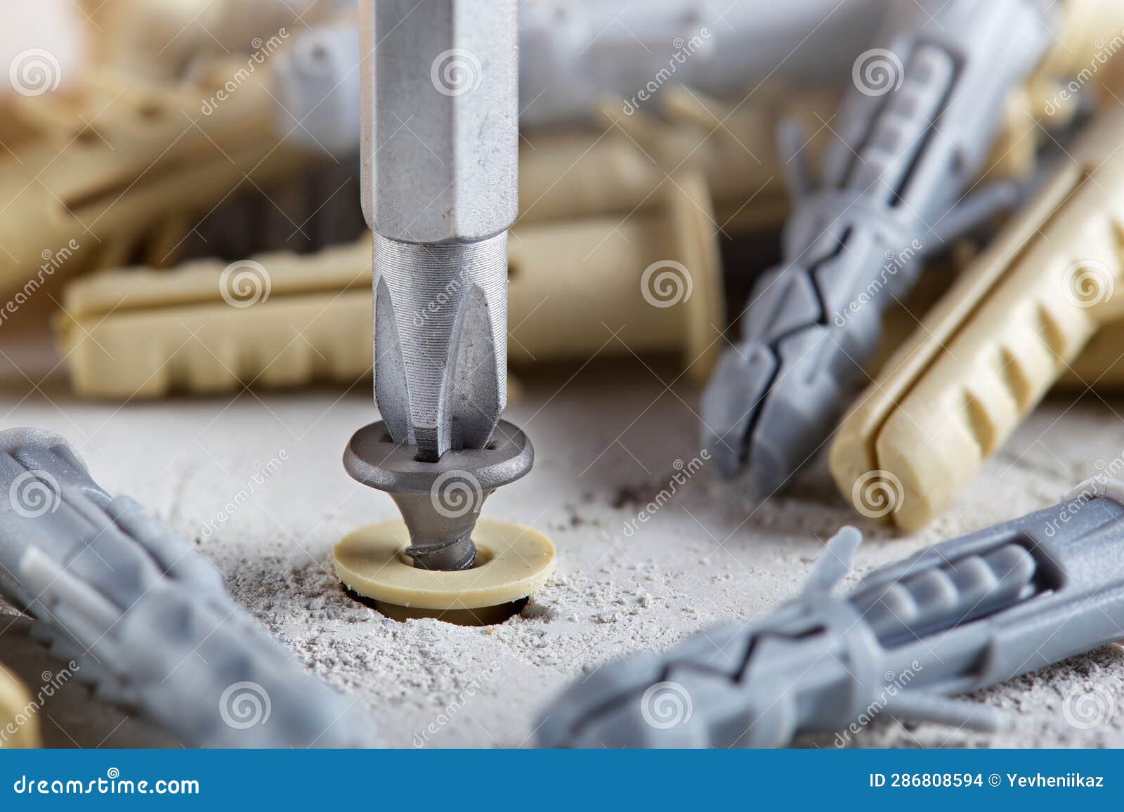 Screwdriver and Dowel in a Concrete Wall Background Stock Illustration ...