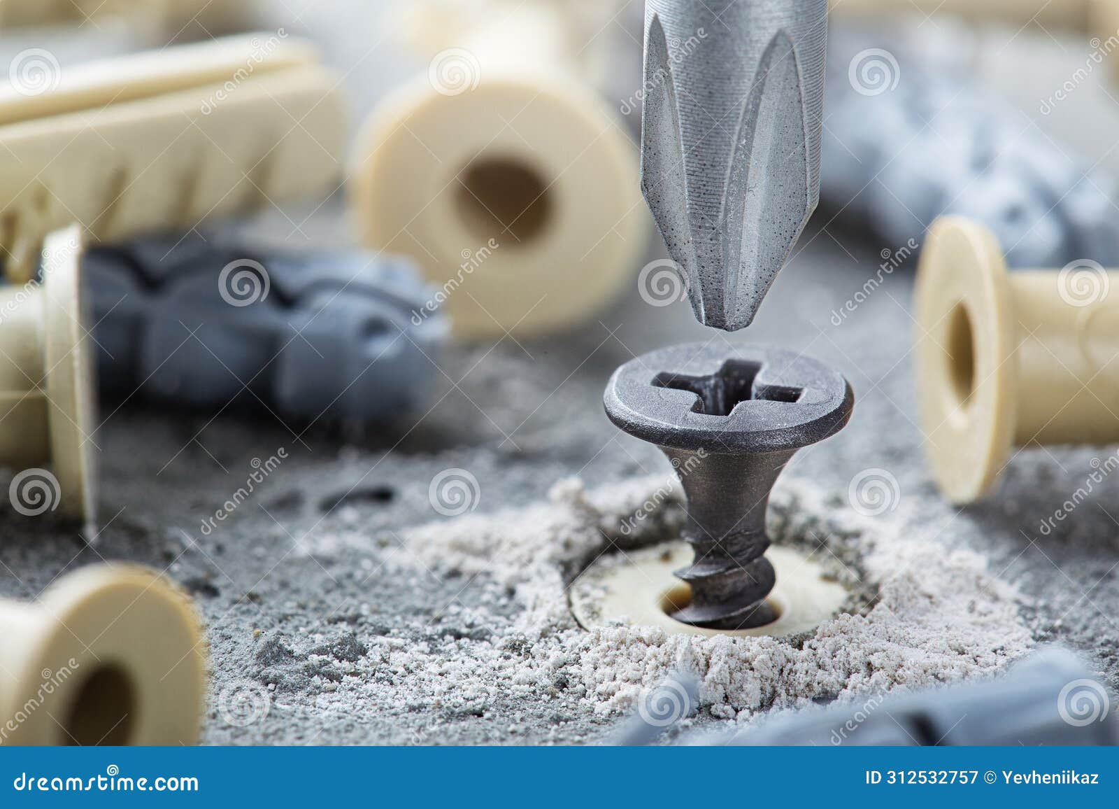 Screwdriver and Dowel in a Concrete Wall Background Stock Image - Image ...