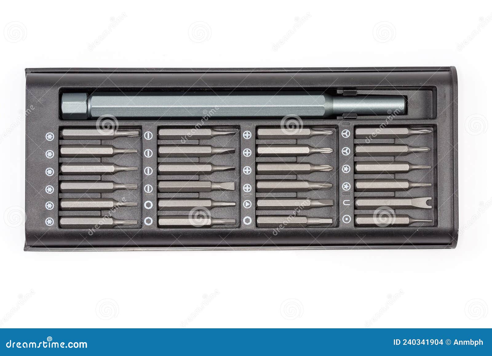 Screwdriver with Set of Interchangeable Bits in Case, Top View Stock ...