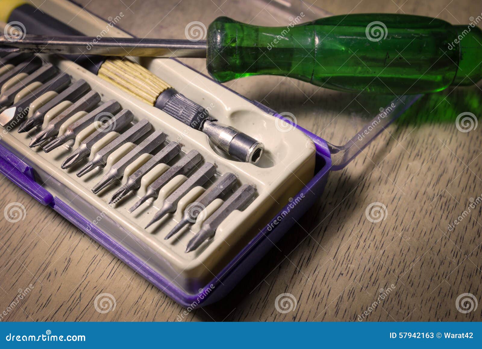 Screwdriver Set on Wood Background Stock Image - Image of nozzles ...