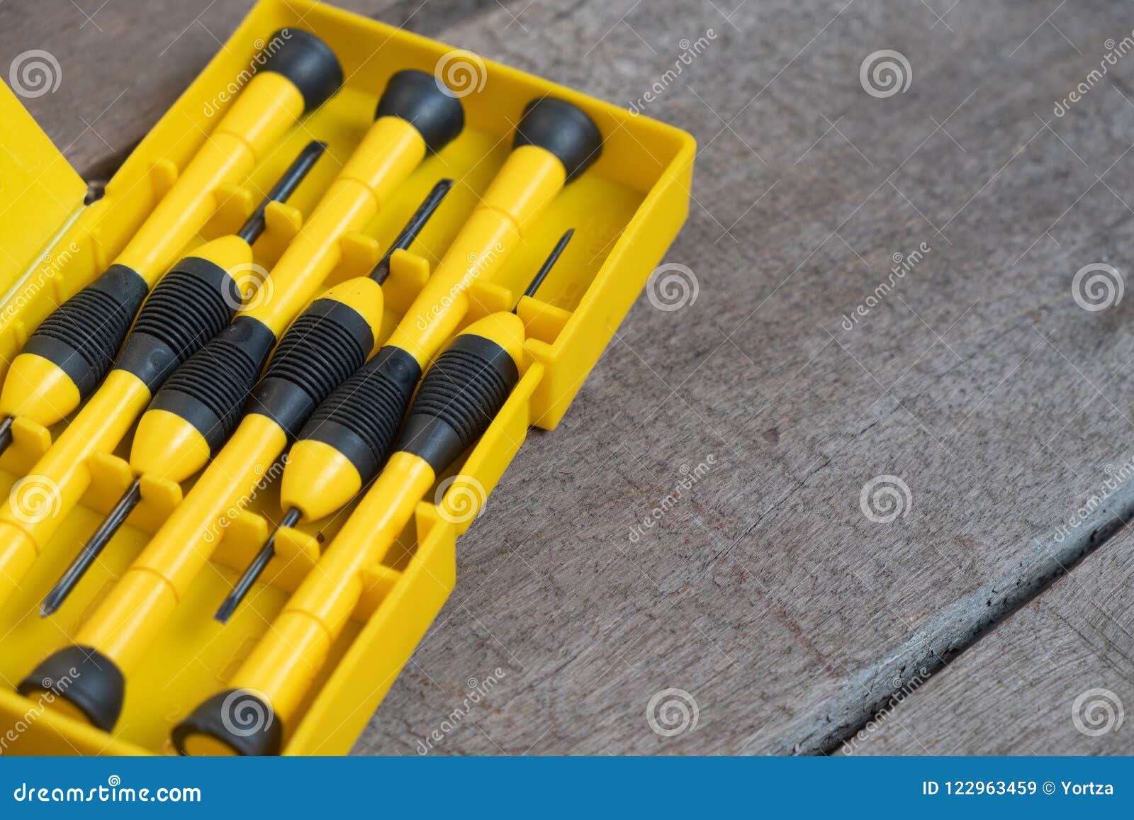 Screwdriver yellow box set stock image. Image of flat - 122963459
