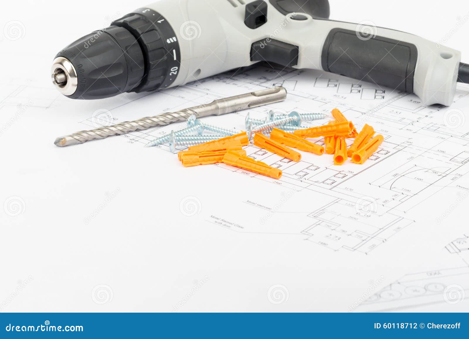 Screwer on Draft with Drill and Screws Stock Photo - Image of graph ...