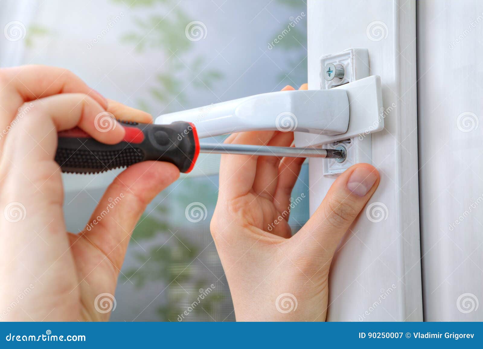 Screwing the of Window Handle on Pvc Window. Stock Image - Image of ...