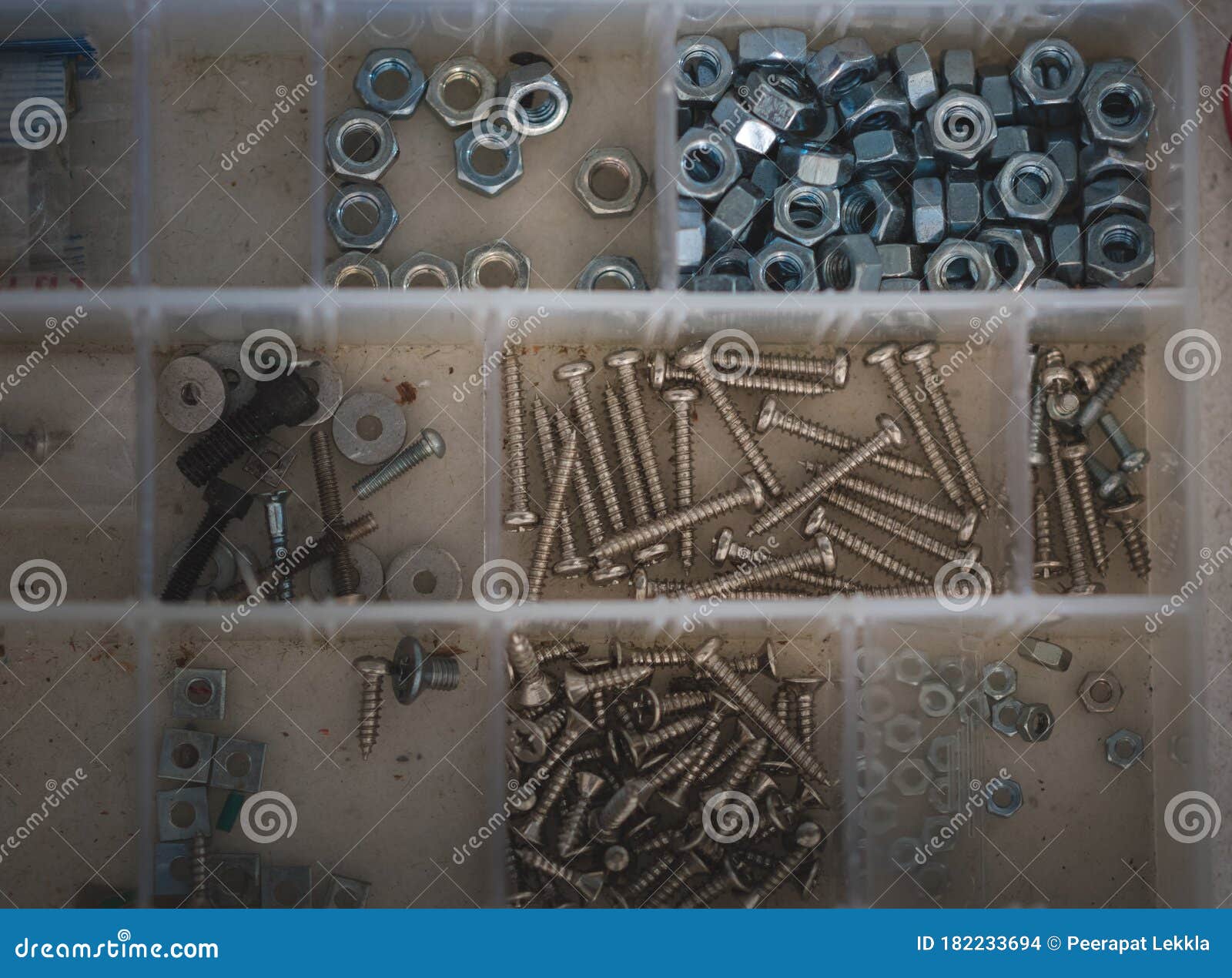 Screws and Bolts in the Plastic Box Stock Photo - Image of chrome ...