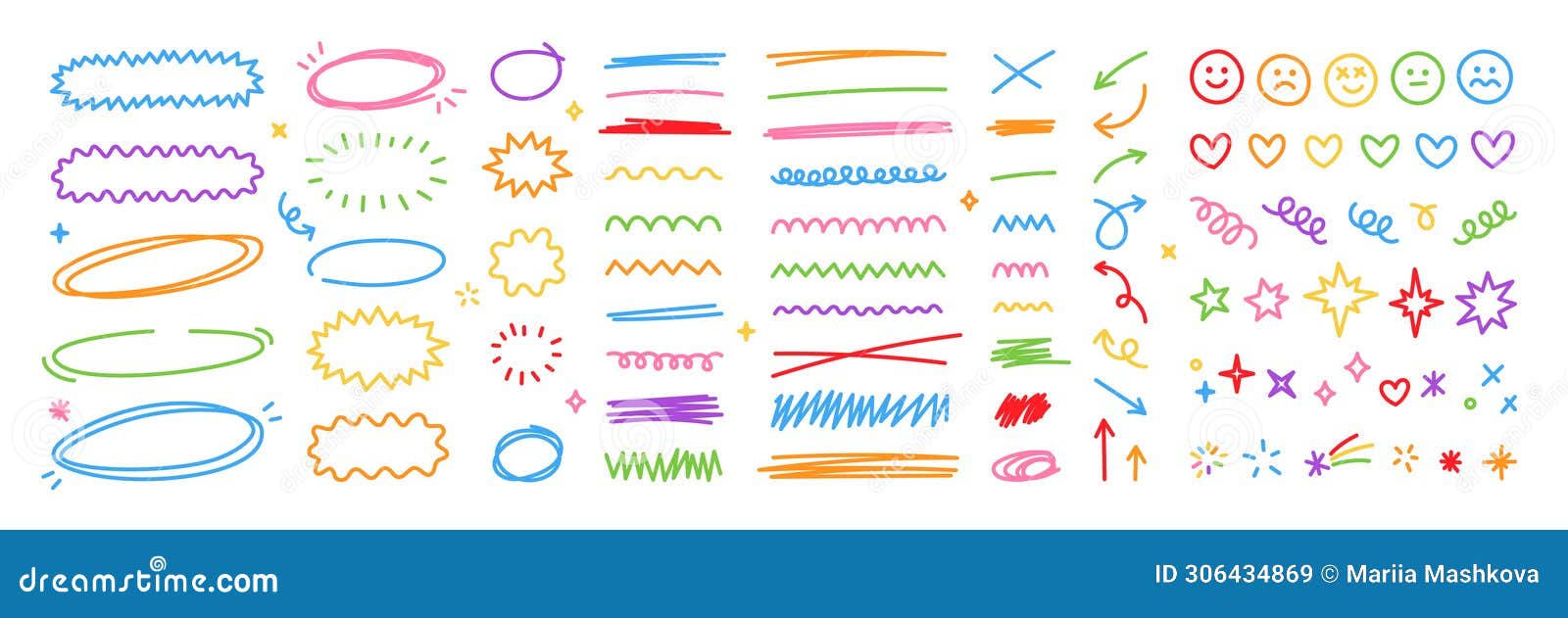 Scribble Doodle Underline Emphasis Line Shape Set. Hand Drawn Brush ...