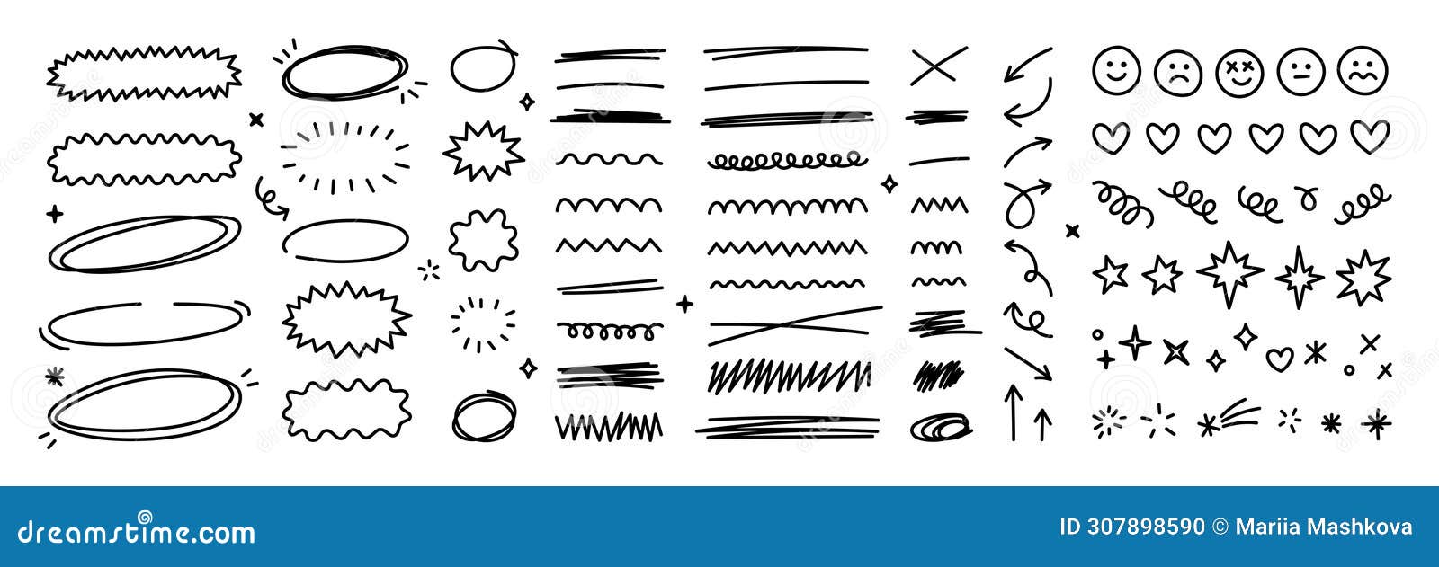 Scribble Doodle Underline Emphasis Line Shape Set. Hand Drawn Brush ...