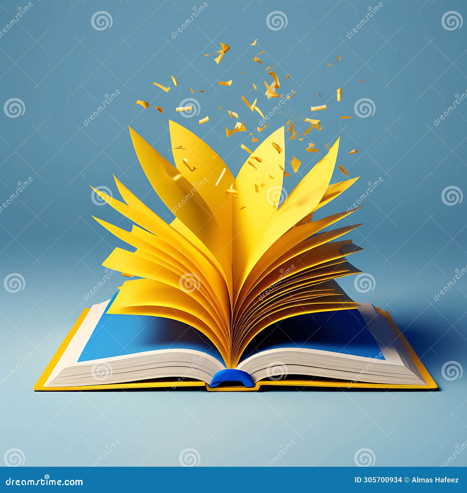 Scribble Symphony: Yellow Pencil Writing in Open Book on Blue Background - 3D Render Stock ...