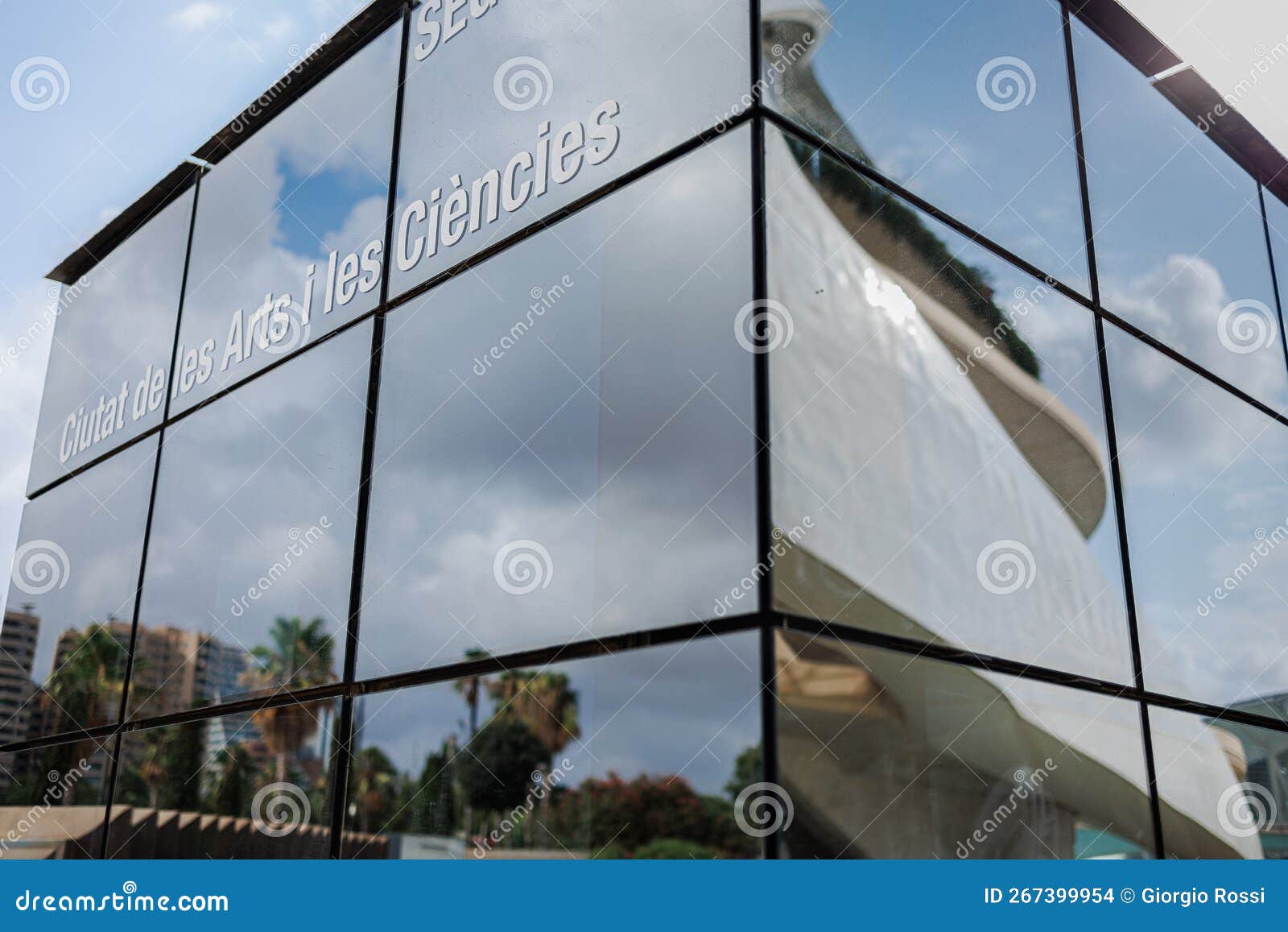 Script City of Arts and Sciences on Windows of a Building with Mirrored ...