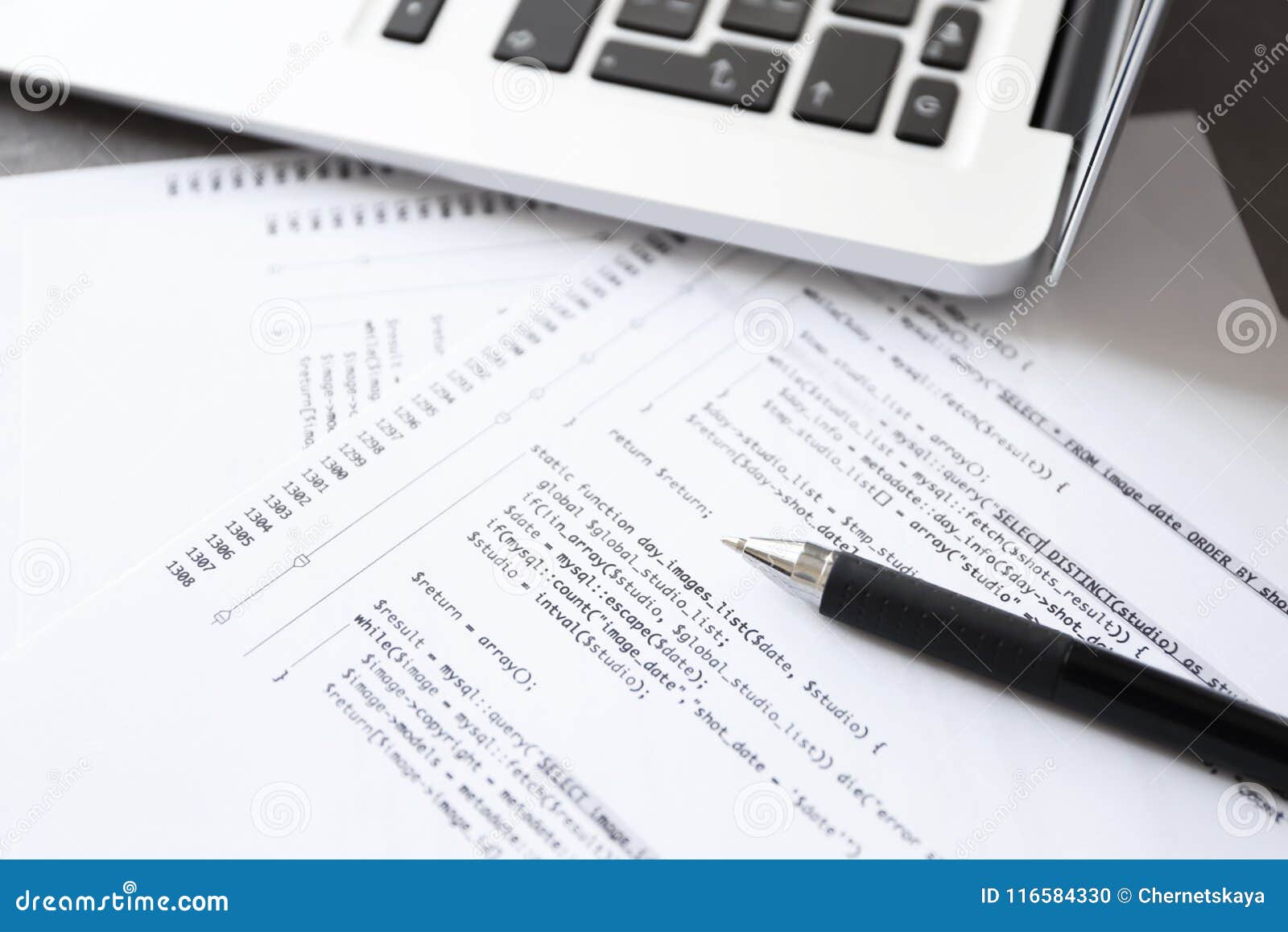 Script Code on Paper, Pen and Laptop Stock Photo - Image of database ...
