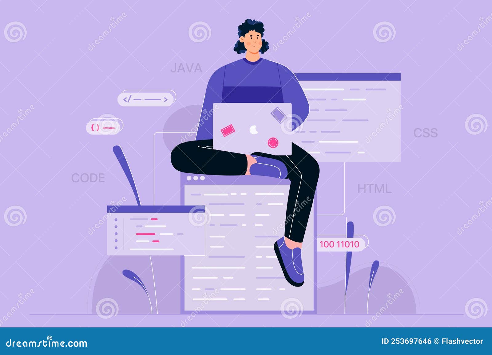 Script Coding And Programming In Php Python Javascript Programmer Working Online Stock Vector