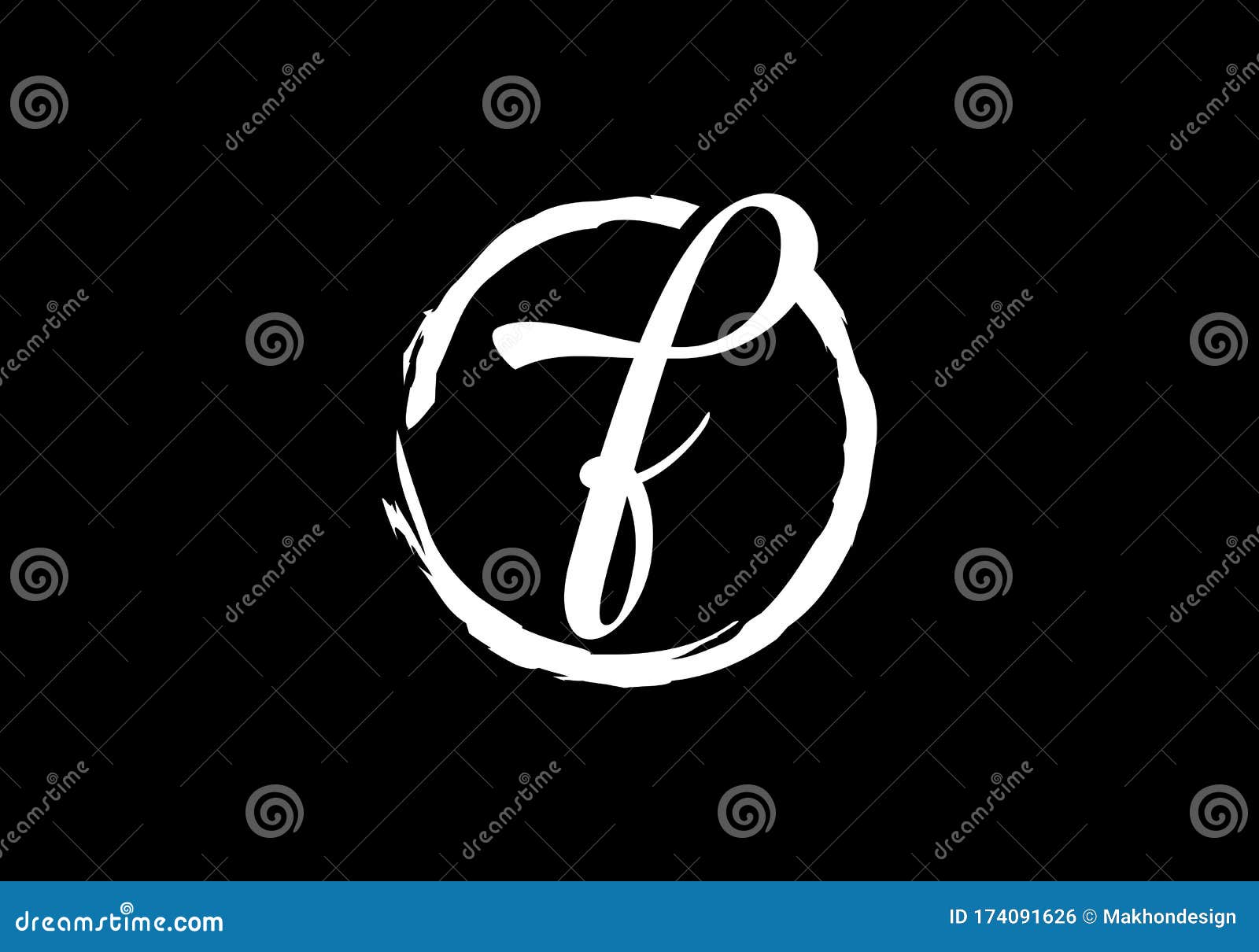 Script Letter F in a Brush Circle on Black Background, Monogram ...
