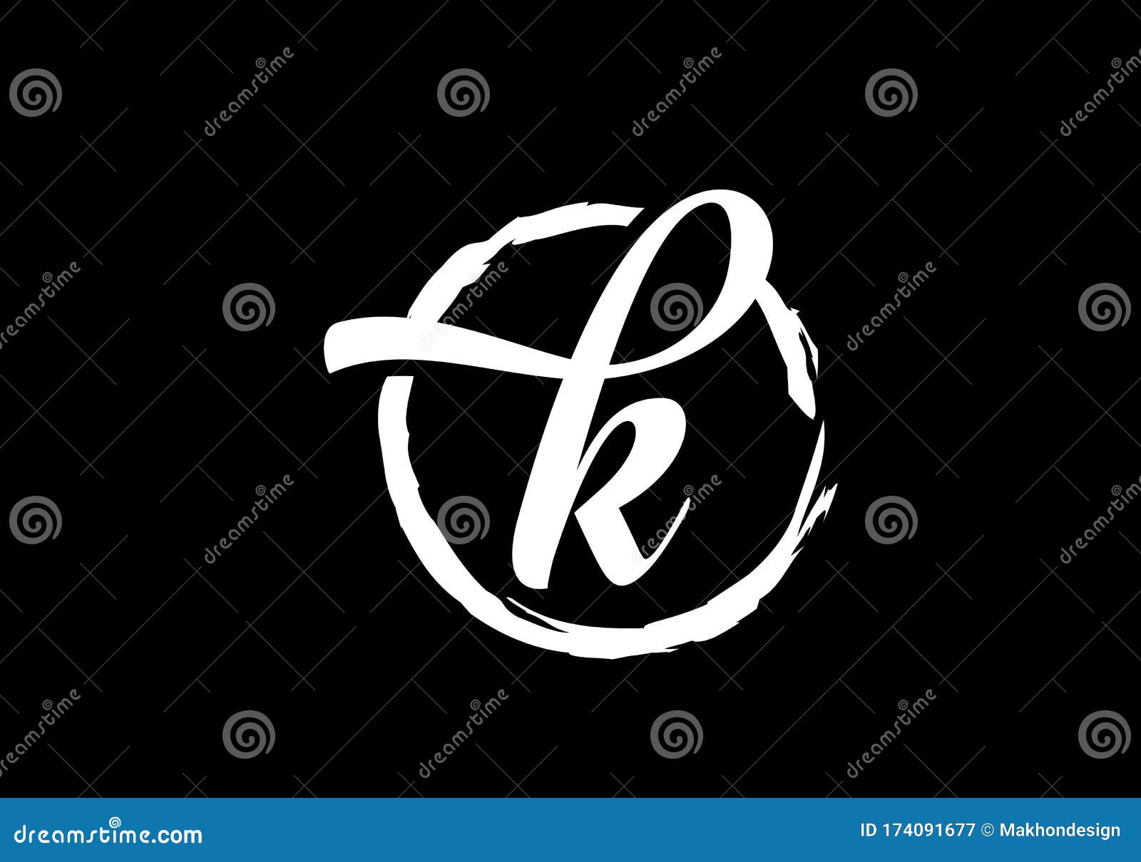 Script Letter K in a Brush Circle on Black Background, Monogram ...