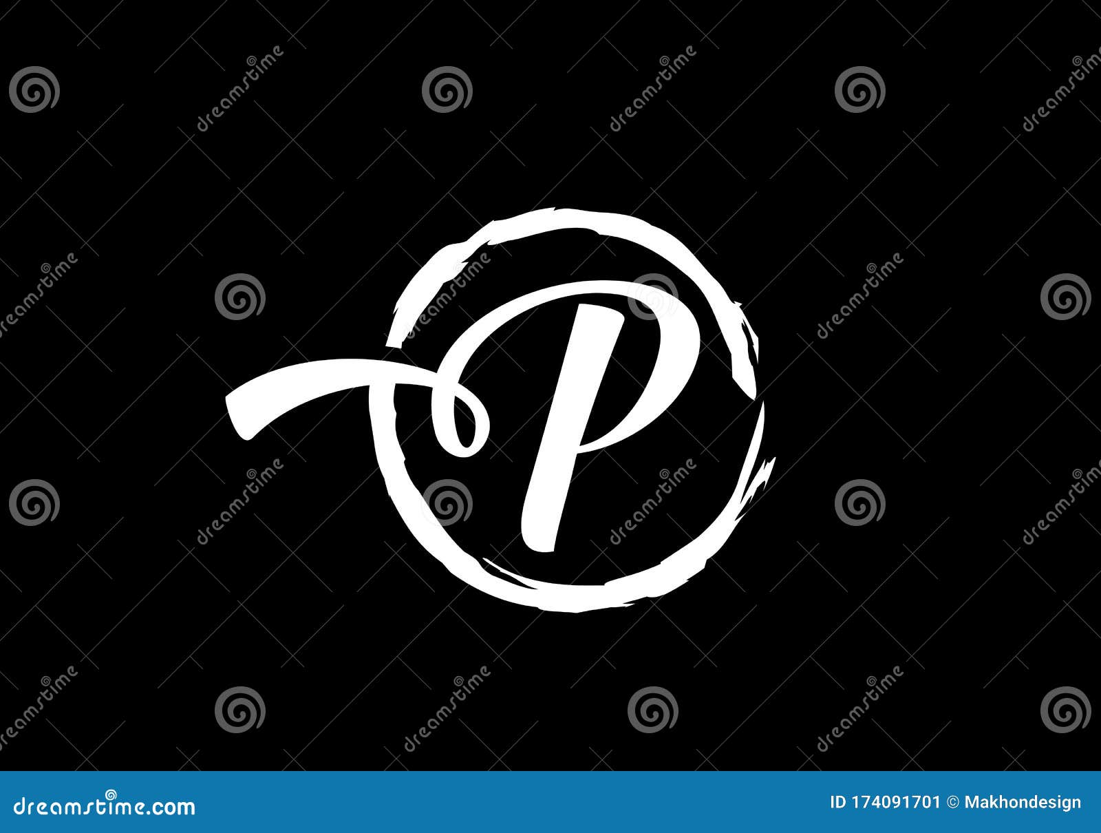 Script Letter P in a Brush Circle on Black Background, Monogram ...