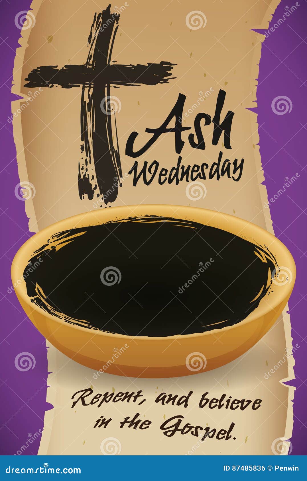 Scroll with Biblical Words and Cross, Bowl for Ash Wednesday, Vector ...