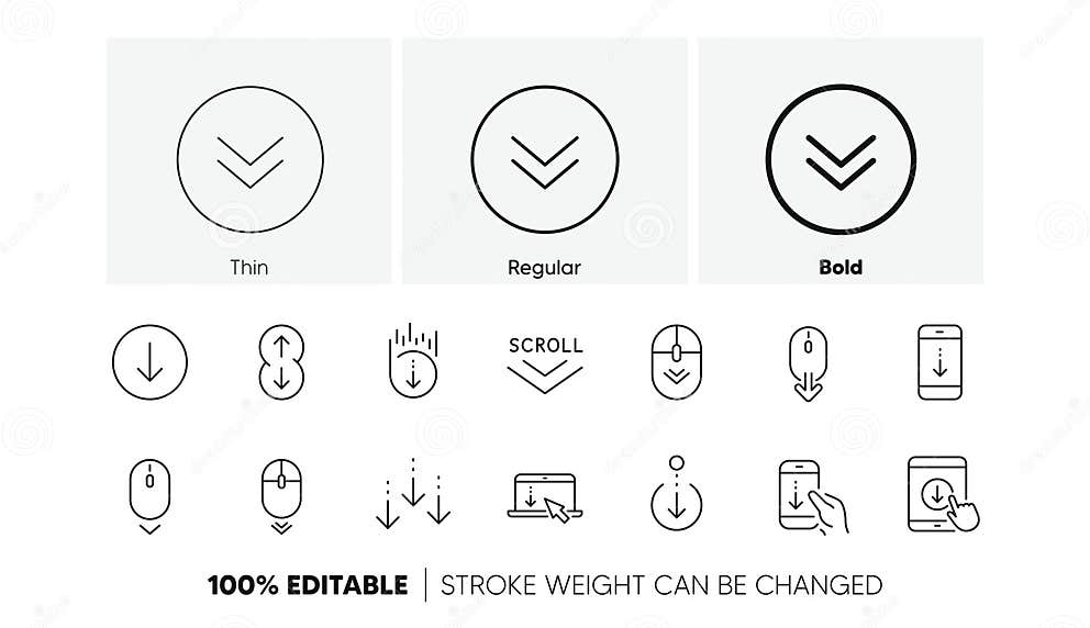 Scroll Down Line Icons. Scrolling Mouse, Landing Page Swipe Signs. Linear Set. Line Icons ...
