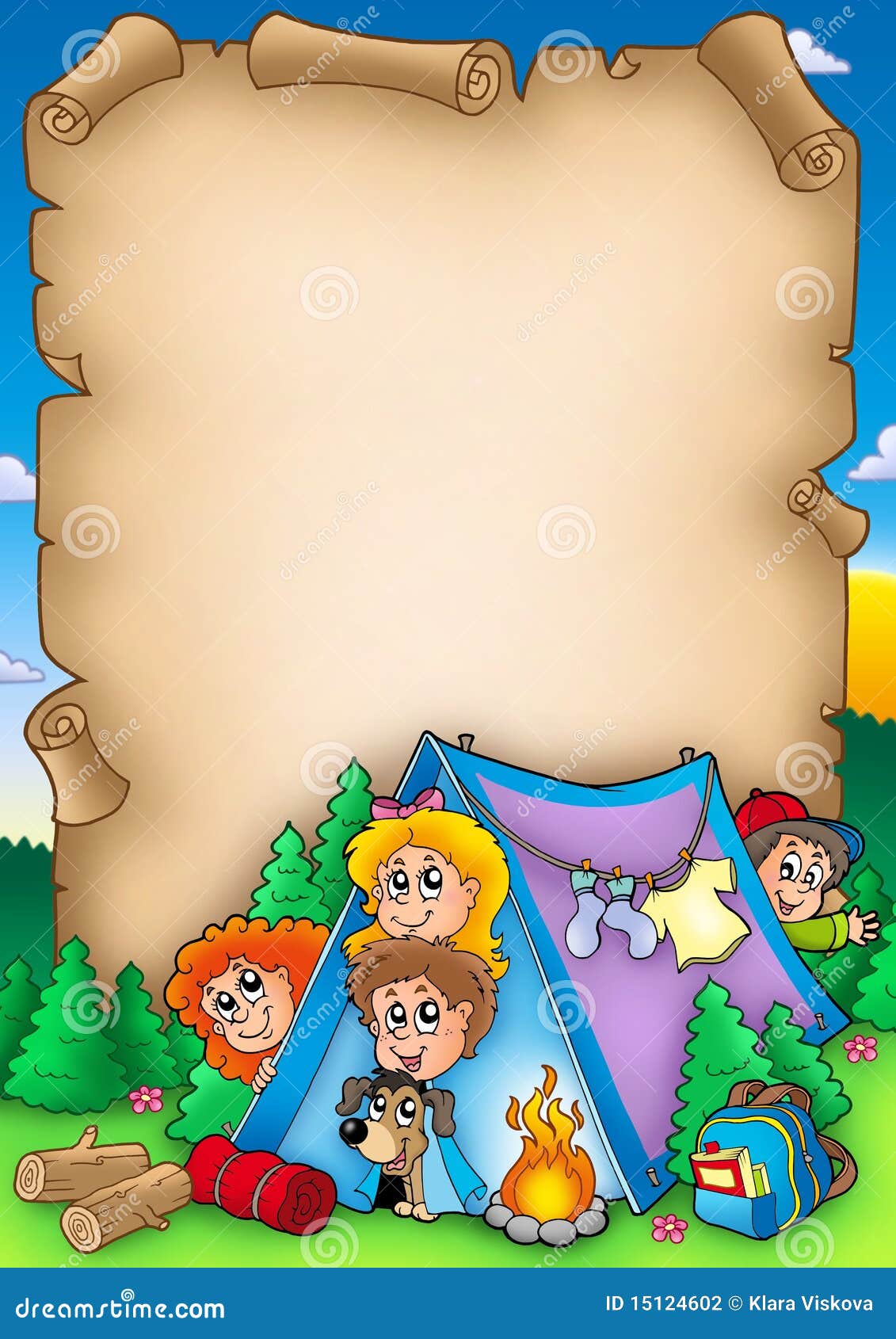 Scroll with Group of Camping Kids Stock Illustration - Illustration of ...