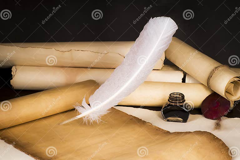 Scroll of Papyrus, and a Pen and Inkwell Stock Image - Image of stamp ...