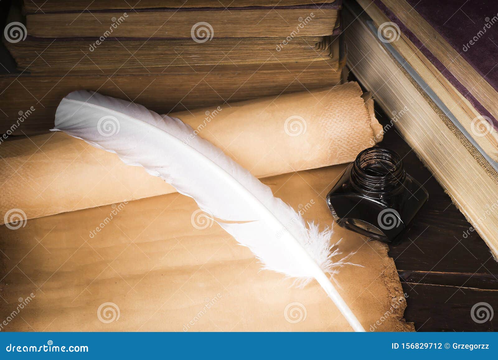 Scroll of Papyrus, and a Pen and Inkwell Stock Photo - Image of antique ...