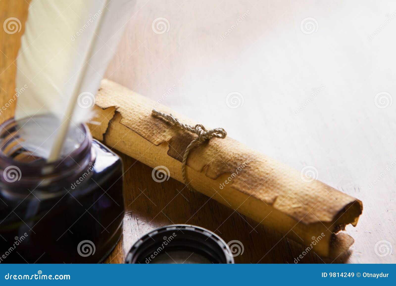 Scroll and Quill Pen on Wooden Table Stock Image - Image of quill ...