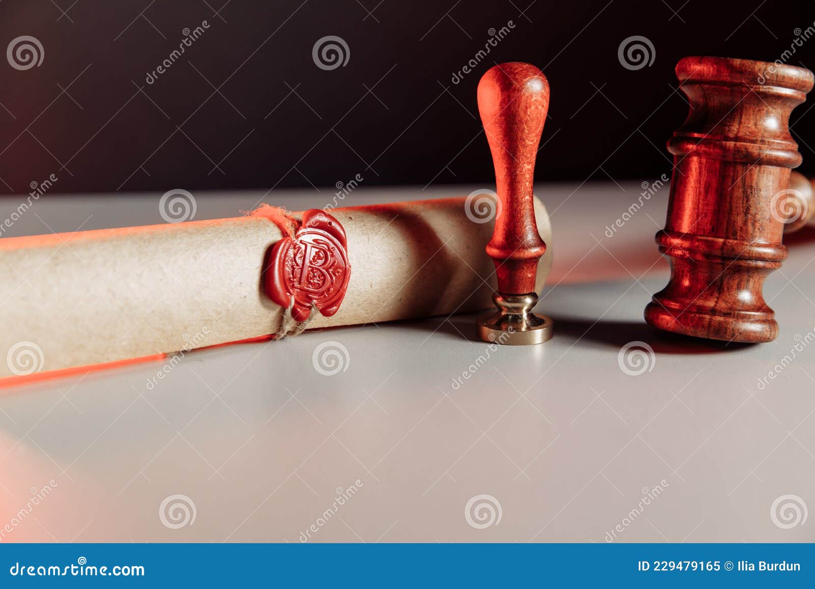 Scroll with Wax Seal Stamp and Gavel Stock Image - Image of identity ...