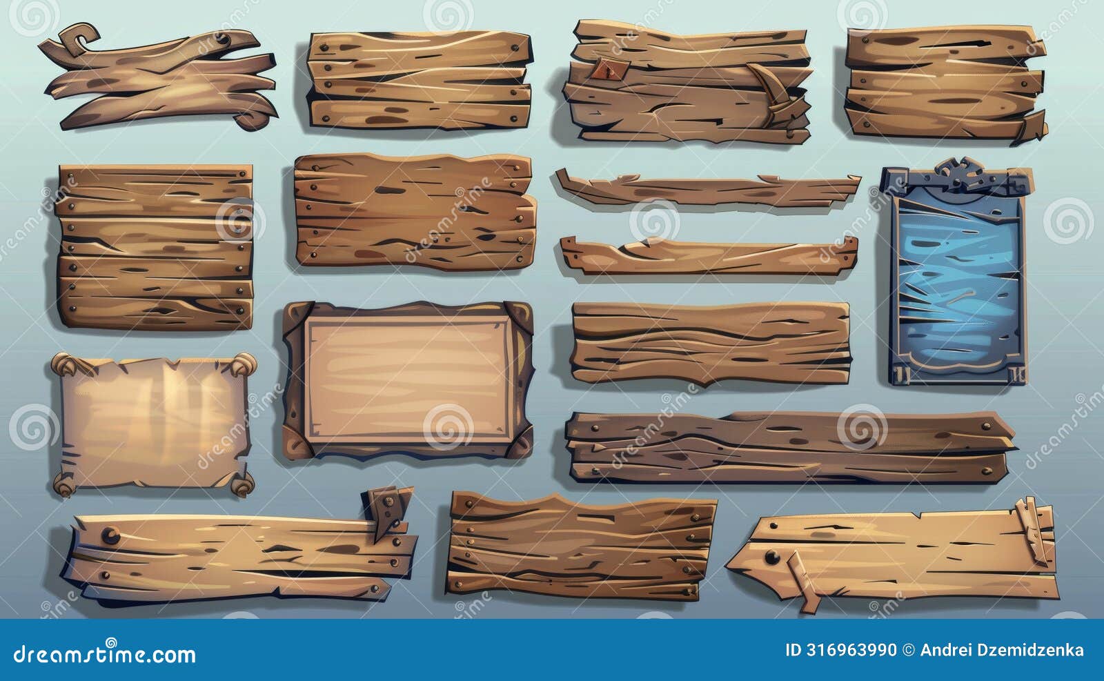 Scrolling Game User Interface Icons, Wooden Boards, and Antique ...