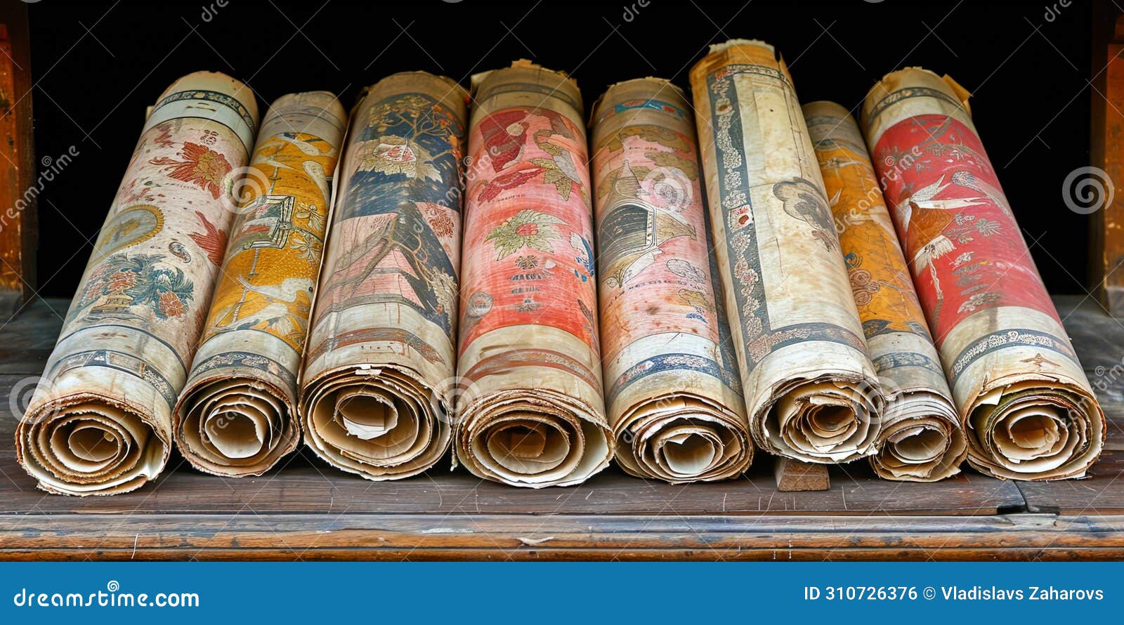 Scrolls with Ancient Mystical Symbols, Deployed on the Table in a Dark ...