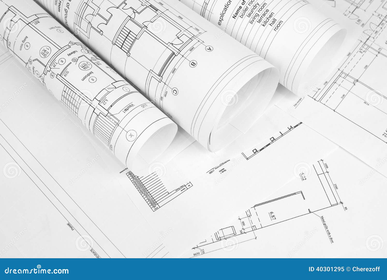 Scrolls of Architectural Drawings Stock Image - Image of blueprint ...